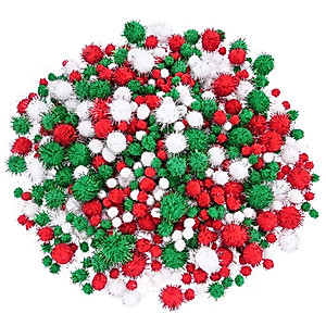 Livder Christmas Pom Poms Pompoms Red Green White Glitter Fluffy Balls, DIY Art Crafts Decorations Supplies (4 Sizes, 900 Pieces)