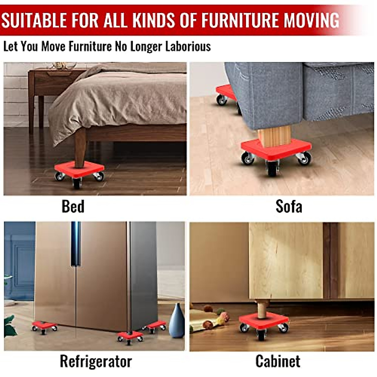 Furniture Dolly & Furniture Lifter Set,Furniture Mover with 4 Wheels, 360° Rotation Wheels Furniture Movers,800 Lbs Load Capacity,for Moving Heavy Furniture, Refrigerator, Sofa, Cabinet（Red）