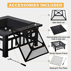 HCY 32" Fire Pit Table for Outside,Outdoor Fire Pit Square Wood Burning with Spark Screen Fire Poker for Camping,Backyard,Patio(Black)