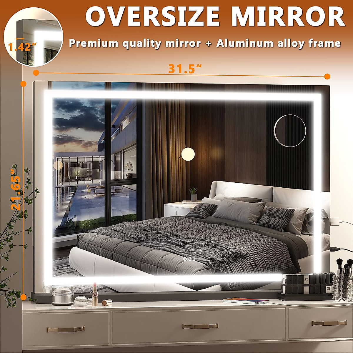 Hasipu Vanity Mirror with Lights, 32" x 22" LED Makeup Mirror, Lighted Makeup Mirror with Dimmable 3 Modes, Touch Screen Control Vanity Mirror Square Black