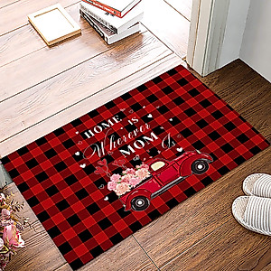 Doormat Bath Rugs Non Slip Red Farm Truck of Love Flower Buffalo Happy Mother's Day Washable Cover Floor Rug Absorbent Carpets Floor Mat Home Decor for Kitchen Bathroom Bedroom (16x24)
