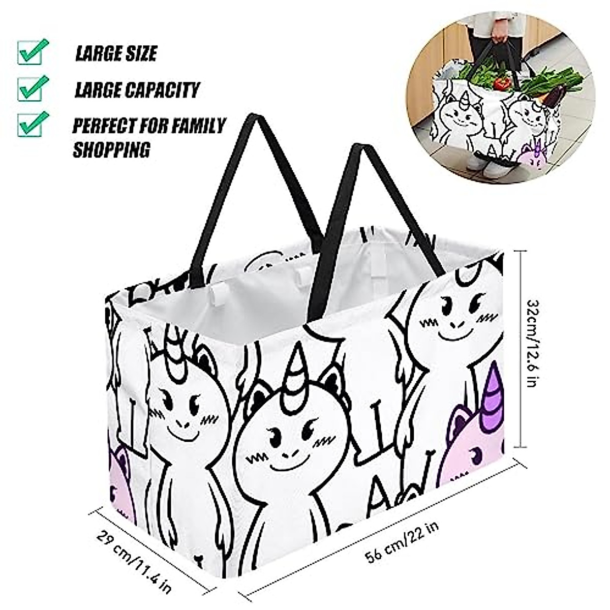 Cartoon Unicorn Full Print Large Capacity Laundry Organizer Tote Bag - Reusable and Foldable Oxford Cloth Shopping Bags