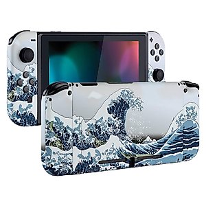eXtremeRate DIY Replacement Shell Buttons for Nintendo Switch, Soft Touch Back Plate for Switch Console, Custom Housing Case with Full Set Buttons for Joycon Handheld Controller - The Great Wave
