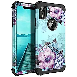 Casetego Compatible with iPhone XR Case,Floral Three Layer Heavy Duty Hybrid Sturdy Shockproof Full Body Protective Cover Case for Apple iPhone XR 6.1 inch,Blue Flower