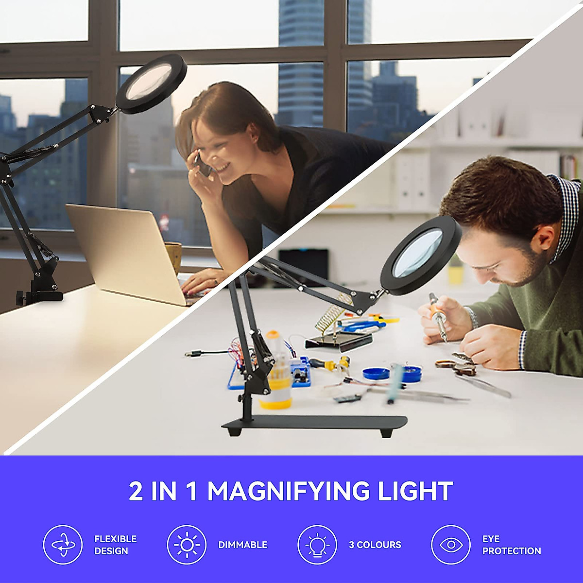 2-in-1 Magnifying Glass with Light and Stand,10X Magnifying Lamp with 3 Color Modes,Dimmable LED Lighted Magnifier Lamp & Clamp for Repair Reading,Crafts,Painting,Close Works