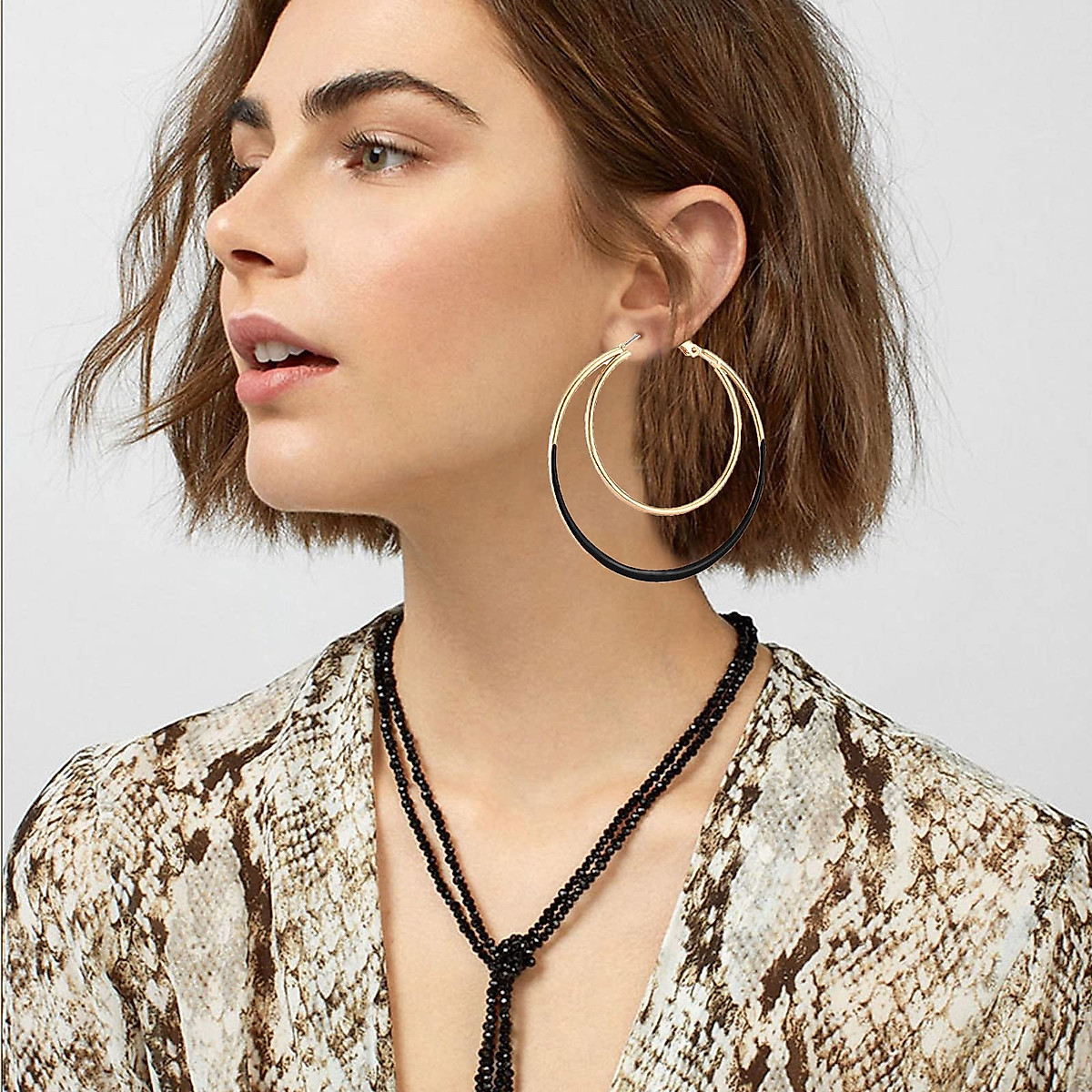 Hoop Earrings for Women Statement Double Circle Earrings Geometric Glazed Layers Oval Drop Dangle Earrings (Black)