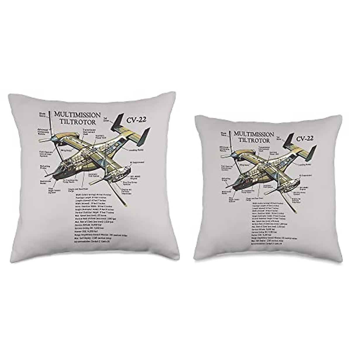 VTOL STOL Tiltrotor Airplane USA Air Force CV-22 V-22 Osprey Aircraft US Military Helicopter Throw Pillow, 16x16, Multicolor