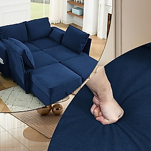 TOQIJUN Modular Sectional Sofa with Ottomans Velvet,U Shaped Sleeper Sofa with Storage, Sofa Covers Removable, 7 Seat Couch with Ottoman for Living Room,Navy Blue