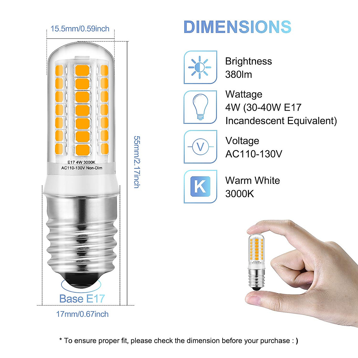 KLG 2 x E17 LED Bulbs, for Under Microwave Light Bulbs, Over Stove Lights, Home Lighting, Warm White 3000K, 4W 40W Halogen/Incandescent Bulbs Replacement,AC110-130V Non-dimmable