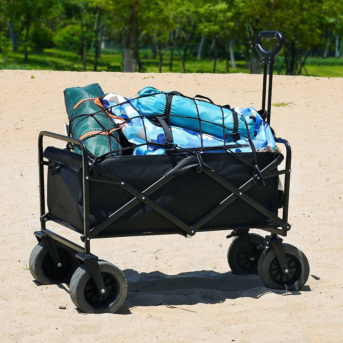 Heavy Duty Utility Collapsible Folding Wagon with Large All-Terrain Beach Big Wheels, 330lbs Outdoor Utility Wagon with Cargo Net & Strap, Portable Large Capacity Beach Wagon for Camping, Beach