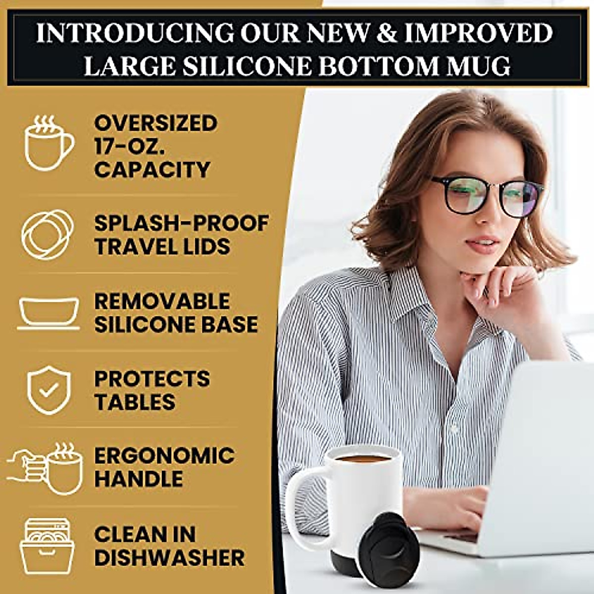 Extra Large Ceramic Coffee Mug w/Lid and Removable Silicone Base - 17 ounce Slideproof Coffee Cups w/Handle and Sip and Cover Lid - Set of 2 Dishwasher Safe Ceramic Travel Mugs - Reusable White Cup