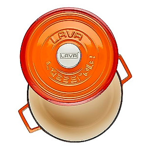 LAVA 7 Quarts Cast Iron Dutch Oven: Multipurpose Stylish Round Shape Dutch Oven Pot with Glossy Sand-Colored Three Layers of Enamel Coated Interior with Trendy Lid (Orange)