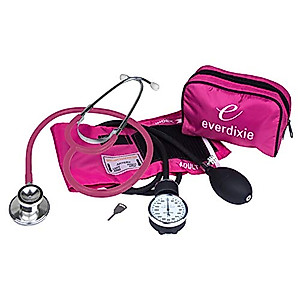 Dixie EMS Aneroid Sphygmomanometer and Dual Head Stethoscope Set with Adult Size Blood Pressure Cuff, Calibration Key and Carrying Case – Pink