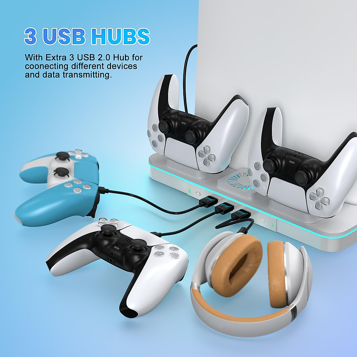 CODOGOY Upgraded PS5 Cooling Stand with Controller Charger, Cooling Station for PS5 Disc & Digital Editions, 2 Levels Adjustable Fans Speed, PS5 Charging Docking Station with 3 USB Ports (White)