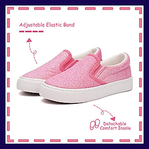 Toandon Little Girls Kids Sneakers Canvas Shoes Loafers Glitter Low Top Slip On Glimmer Sparkle Non-Slip Rubber Sole Lightweight Breathable Outdoor Fashion Casual Tennis Shoes Pink Size 2