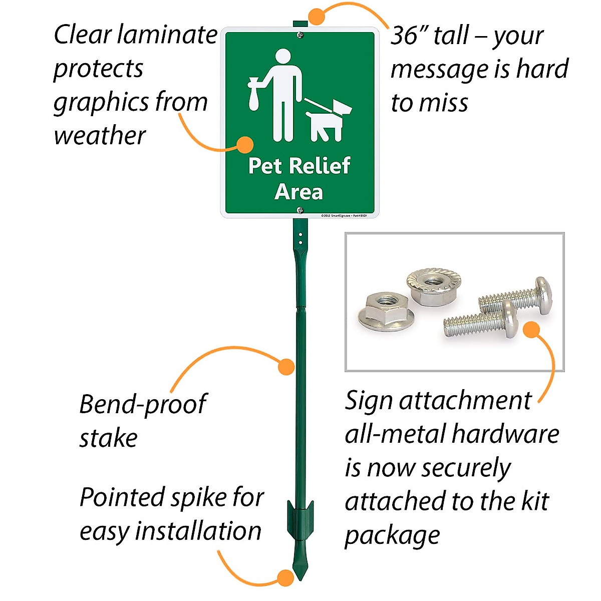 SmartSign 12 x 10 inch “Pet Relief Area” LawnBoss Yard Sign with 3 foot Stake, 40 mil Laminated Rustproof Aluminum, White and Green, Set of 1, Made in USA