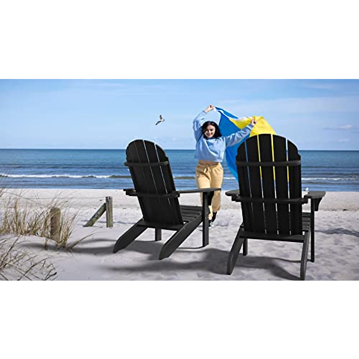 PolyTEAK Traditional Adirondack Chair, Real Wood Look, All Weather Plastic Outdoor Chairs for Firepit, Campfire, Patio, Pool, Easy Assembly with Comfortable Seat for Long Relaxation - Black