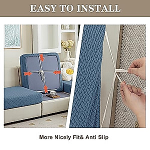 Jin Le 2 PCS Couch Cushion Covers for Sectional Sofa (3 Seater + 1 Chaise, Blue) Jacquard Chaise Anti-Slip with Elastic Bottom and Ties