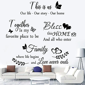 4 Pieces Home Wall Decor Signs, THIS IS US TOGETHER BLESS THIS HOME AMILY Wall Decor For Living Room Bedroom all Decor Vinyl Wall Stickers for Living Room Bedroom Inspirational Art Wall Decorations for Home Office Teen Dorm