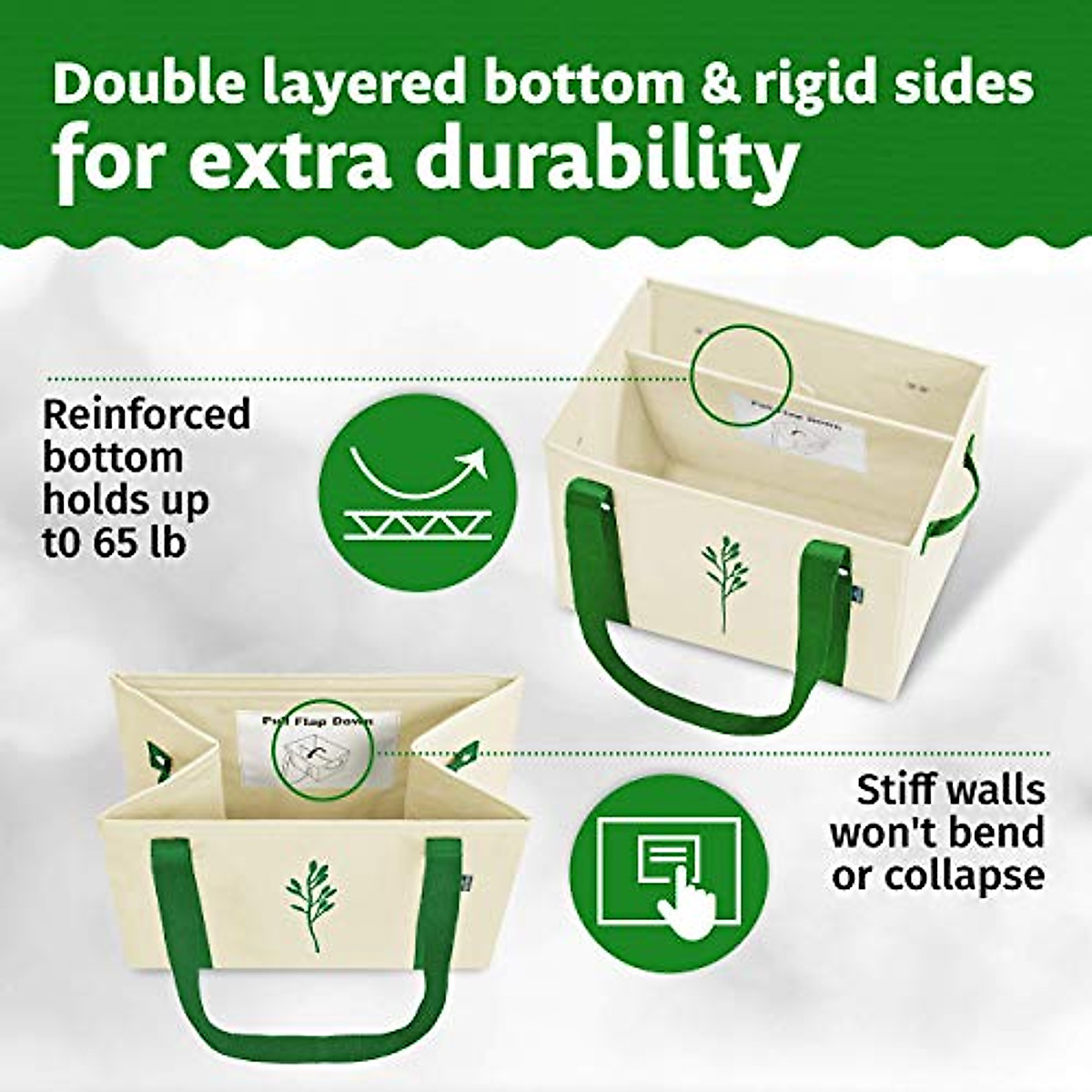 Green Bulldog Reusable Grocery Bags - Heavy Duty, Foldable, Space Saving Tote Shopping Bags - Box Bag w/Straps And Handles (Set of 3) - Taupe