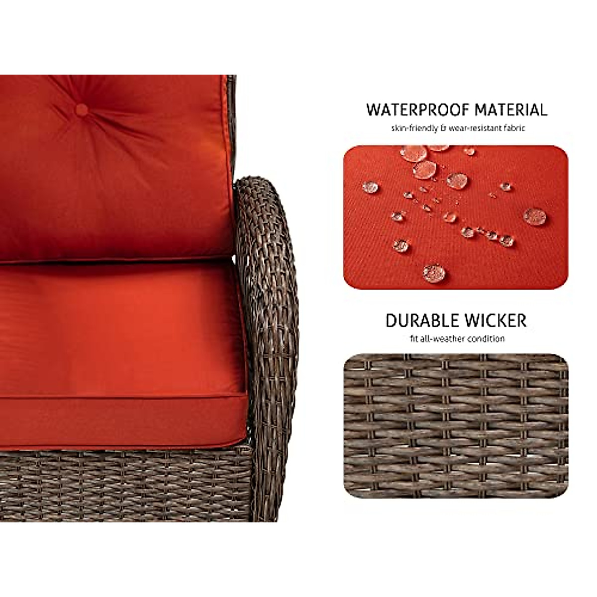 SHA CERLIN 3 Pieces Patio Furniture Set, Outdoor Swivel Glider Rocker, Wicker Patio Bistro Set with Rocking Chair, Cushions and Table (Red)