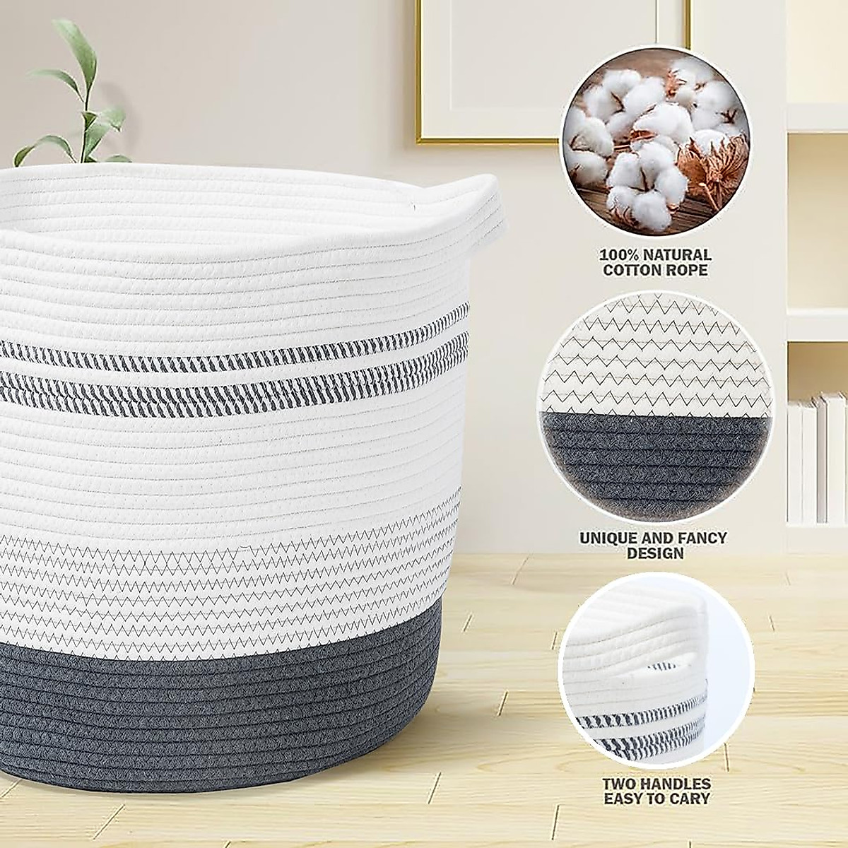 Homify Blanket Basket 100% Cotton Rope Woven Baskets for Storage 22"x14" 90L XXX-Large Laundry Basket with Soft Handle Rope Basket for Living Room, Toy, Pillow & Clothes - Gray & White