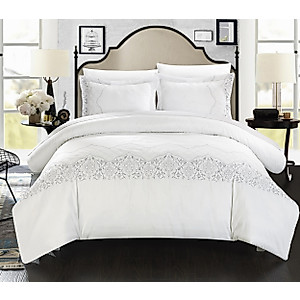 Chic Home 3 Piece Sophia Embroidered Bridal Collection Duvet Set, Queen, White