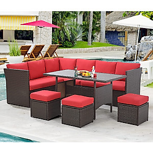 AECOJOY 7 Pieces Patio Furniture Set with Table, Outdoor Patio Furniture, Outdoor Dining Sectional Sofa with Table&Chair, Brown Rattan&Red Cushion
