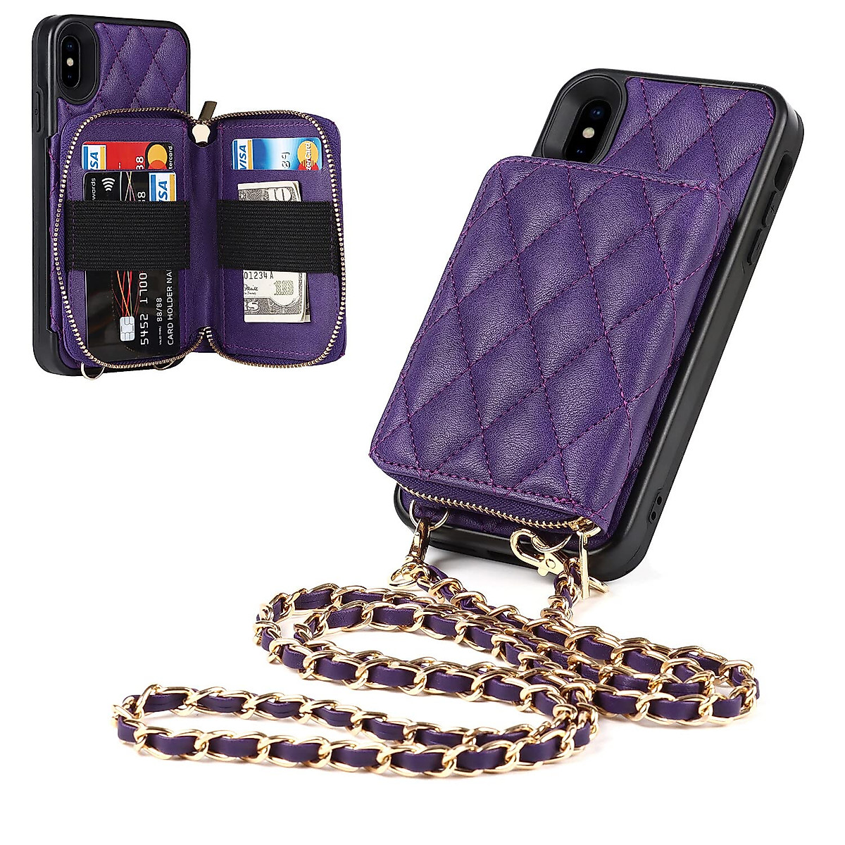 ShunJieTech for iPhone Xs Max Case,for iPhone XSMax Wallet Case with Card Holder,Crossbody Chain Purse Wrist Handbag Strap Leather Cover Case [Card Slots][Coin Zipper Pocket](6.5")-Purple