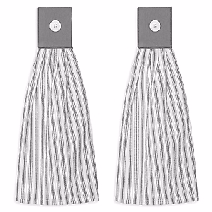 Cackleberry Home Alloy Gray and White Ticking Stripe Hanging Kitchen Dish Hand Towel Cotton with Button Accent, Set of 2