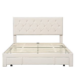 YuiHome Queen Bed Frame with Storage Drawer, Velvet Upholstered Storage Bed with Button Tufted Headboard, Wingback Platform Bed Queen Size,No Box Spring Required,Beige