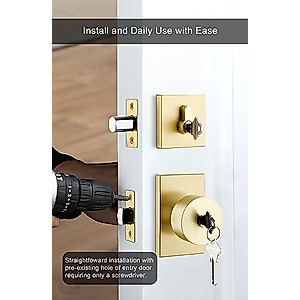 goldenwarm Keyed Alike Gold Door Knob with Deadbolt, Square Contemporary Brushed Gold Exterior Door Lock Set with Deadbolt, Heavy Duty Brass Front Entry Door Locksets with Deadbolt(1 Pack)