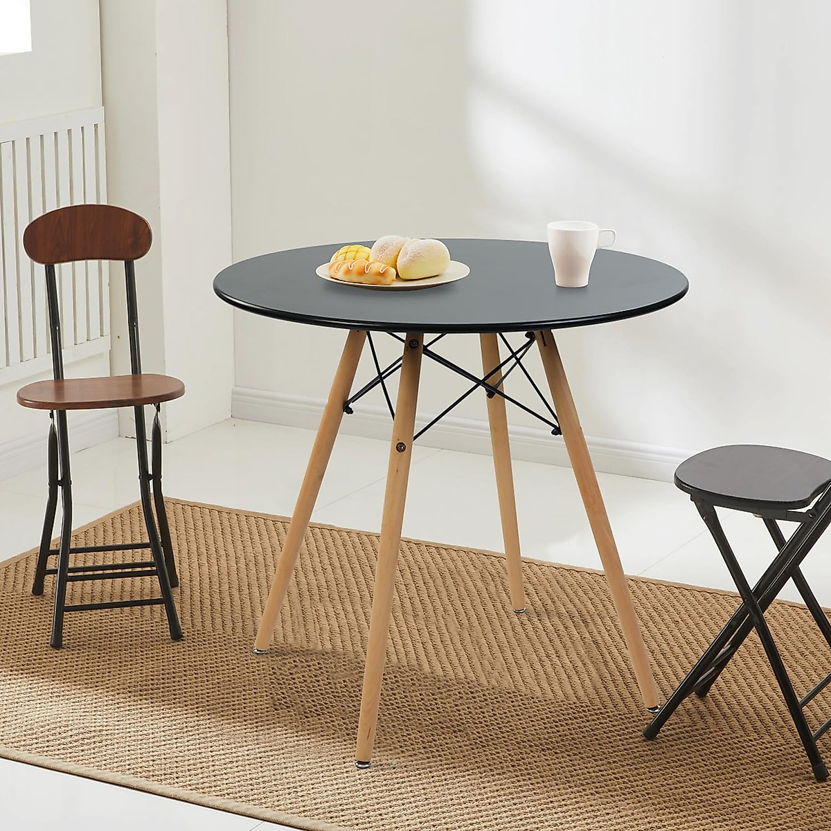 FurnitureR 31.5 Inch Modern Round Dining Table with Wooden Legs for Home Kitchen Living Room Corner Small Spaces Leisure, Black