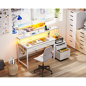 AODK 48-Inch Computer Desk with Fabric File Cabinet and Fabric Drawers, Reversible Office Desk with LED Strip and Power Strip, Gaming Desk with Monitor Riser, Writing/Study Table for Home, White