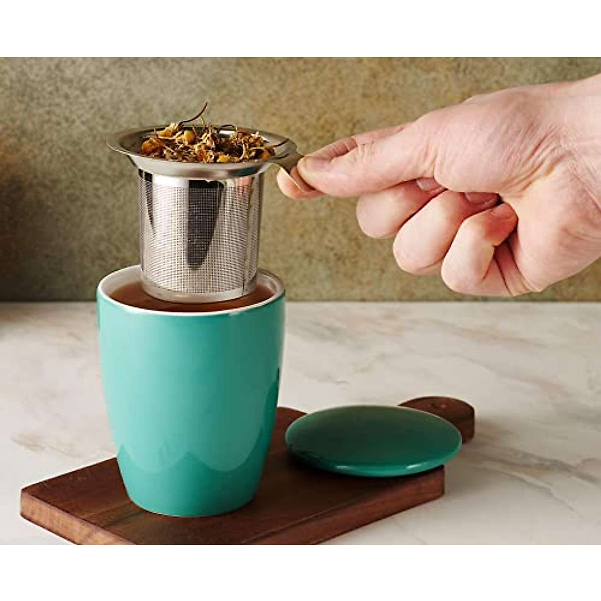 Godinger Tea Cup with Lid and Infuser, Porcelain Teacups with Stainless Steel Filter, Tea Mugs, Tea Gifts for Tea Lovers, Set of 2, 15oz