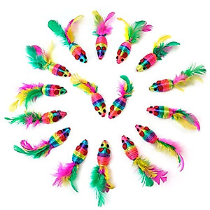 CHIWAVA 24PCS 5" Rattle Cat Toys Mice with Feather Rainbow Rope Mouse Kitten Interactive Toy Assorted Color