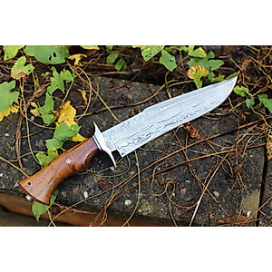 kaswah Handmade Damascus Steel Hunting Knife with Hand Stitched Leather Sheath - 14" Fixed Blade Knife with Solid Rosewood Wood Handle - EDC Survival Knife for Men