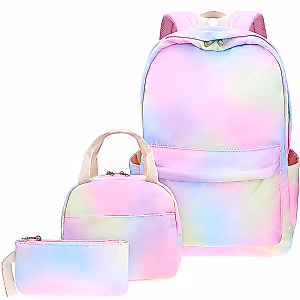 Junlion Rainbow Backpack Set 3-in-1 Kids School Bag, Laptop Backpack Lunch Bag Pencil Case Gift for Teen Girls Womens