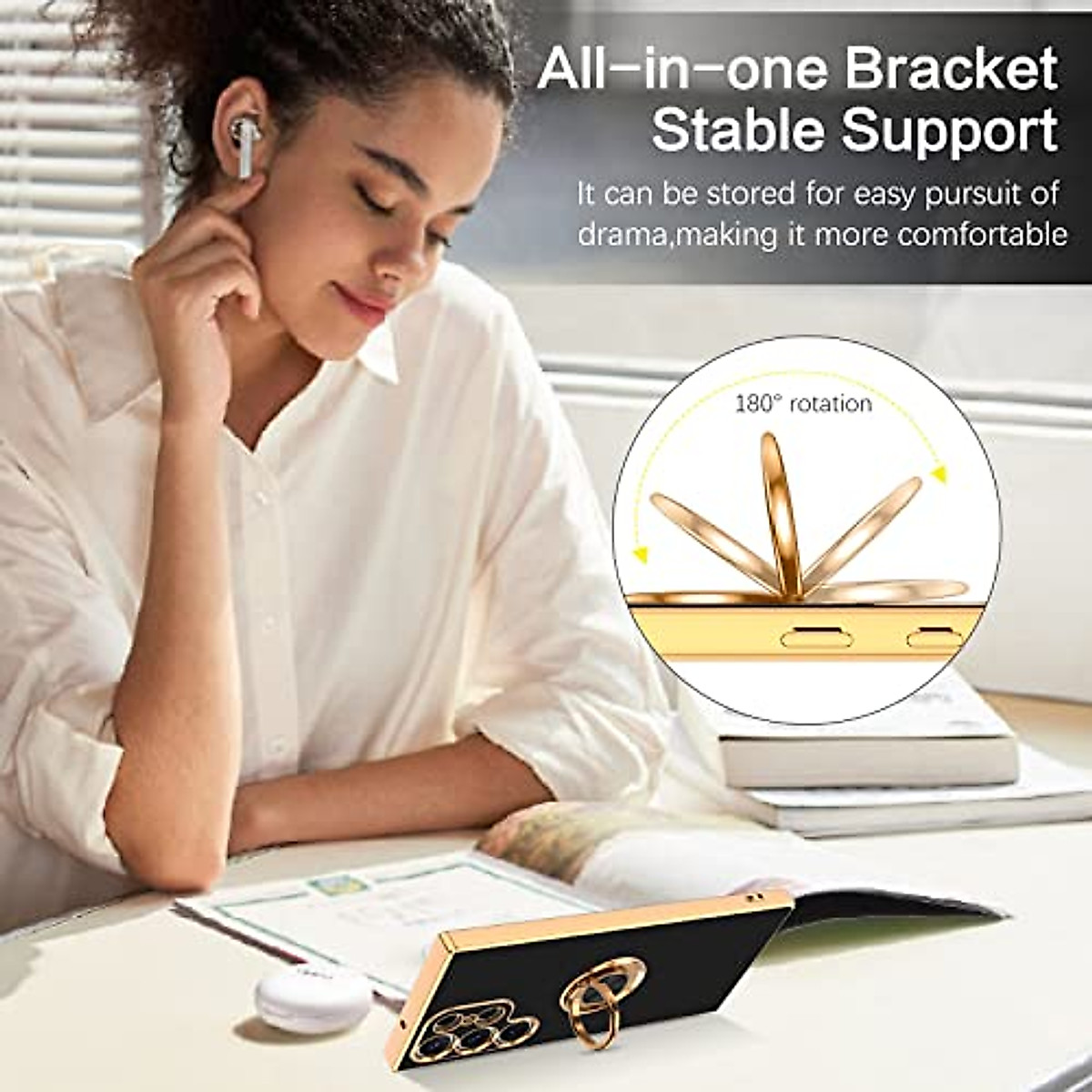 BENTOBEN Compatible with Samsung S23 Ultra Case with 360° Ring Holder, Shockproof Slim Kickstand Magnetic Support Car Mount Women Men Protective Phone Case for Samsung Galaxy S23 Ultra, Black/Gold