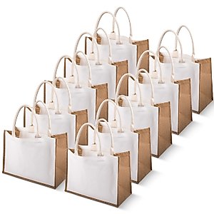 Custom Burlap Tote Bag - White - 6 Large Eco Friendly Burlap Bags for Shopping, Beach Day, or Parties - Natural Jute Tote Bag with Waterproof Lining - Bachelorette Bags - 15 x 11 x 7.5 in