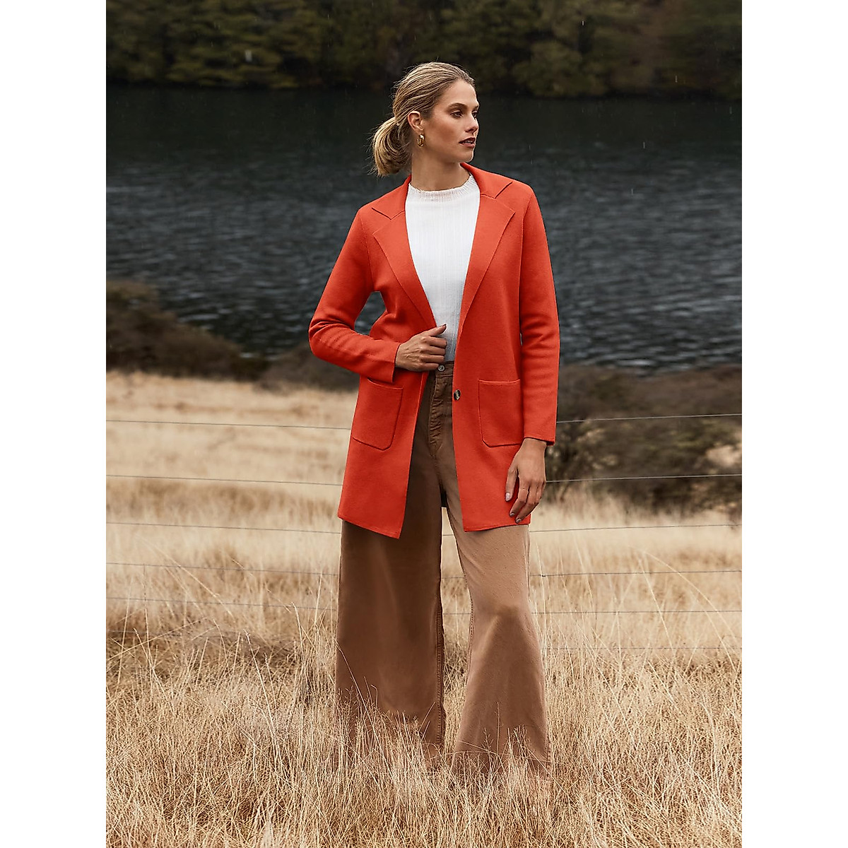 MEROKEETY Women's Casual Knit Blazer Jacket Button Down Elegant Work Office Coatigan Sweater for Fall Winter, Orange, Medium