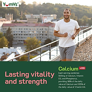 YumVs Calcium 500mg with Vitamin D3 - Raspberry & Orange Flavor Calcium Vitamin D Gummies, Chewable Calcium Supplement for Kids & Adults, Vitamin D Calcium Gummies, Kosher Halal Gluten Free (60 Count)