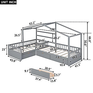Merax House Bed for 2 Kids Twin Size, Wood L-Shaped Double Platform Bed with 3 Storage Drawers, for Boys Girls Teens, Grey