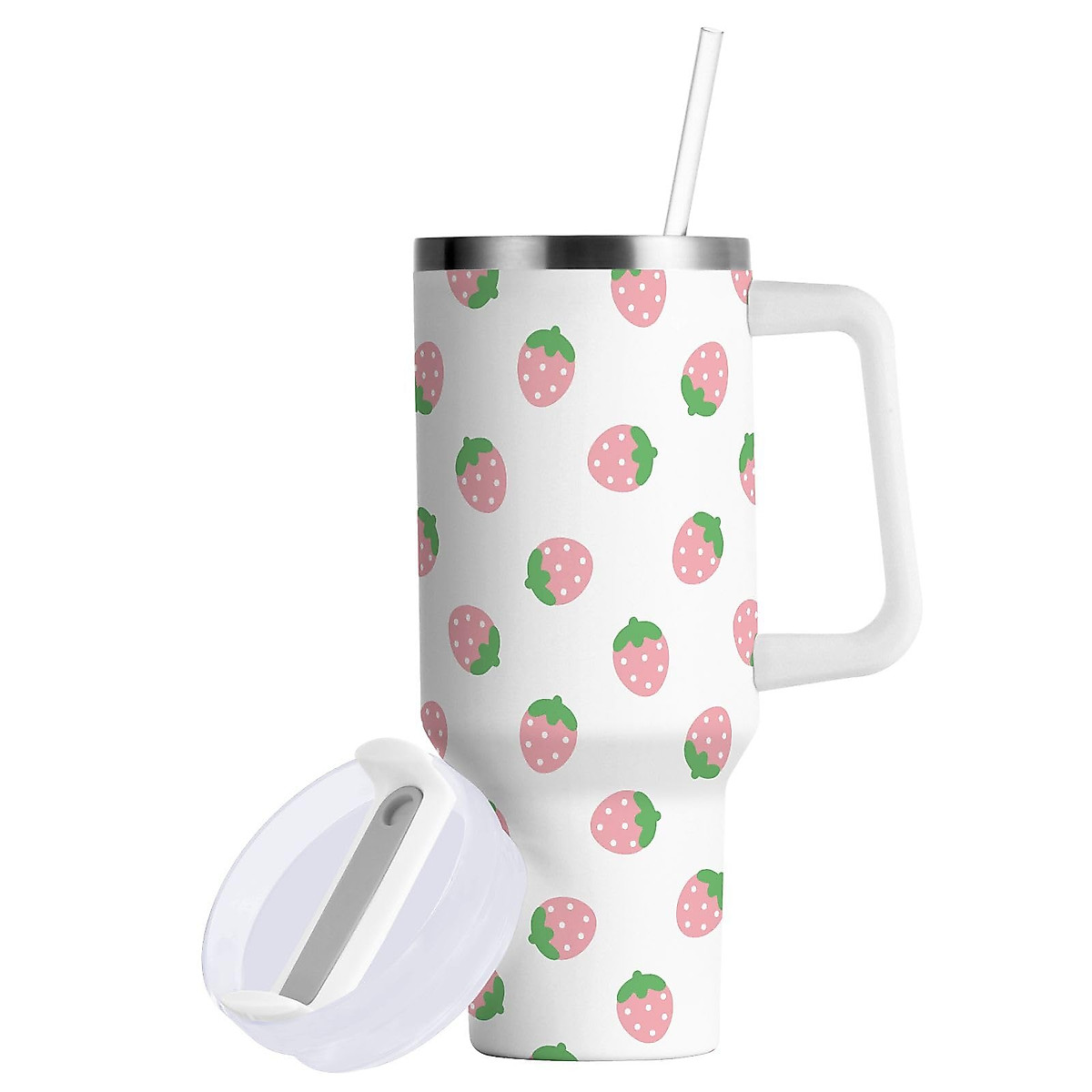 YNNALE 40 oz Tumbler with Straw & Handle - 2 in 1 Lids Leak Proof Tumblers - Large Insulated Stainless Steel Cup - BPA-Free Water Bottle Travel Metal Mug for Women Man,Cute Light Pink Strawberry