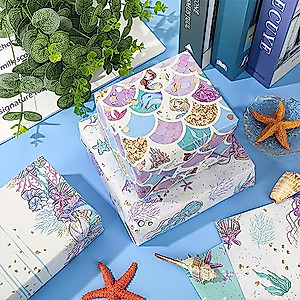 AnyDesign 12 Sheet Mermaid Wrapping Paper Purple Blue Mermaid Dolphin Jellyfish Gift Wrap Paper Bulk 6 Design Mermaid Art Paper for Birthday Baby Shower Birthday DIY Crafts Gift Packing, Folded Flat