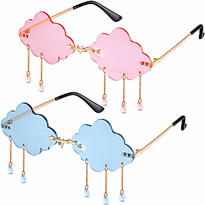 2 Pairs Tassel Clouds Shaped, Rimless Men Women 90s Disco Sunglasses (Light Blue, Pink)