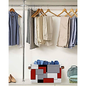 Abstract Storage Basket Large Foldable Storage Bins with Handles Geometric Mid Century Red Nordic Waterproof Fabric Laundry Baskets for Organizing Shelves Closet Toy Gifts Bedroom Home Decor