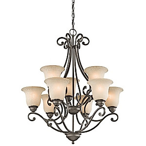 Kichler Camerena 34.5" Two Tier Chandelier in Olde Bronze®, 9-Light Traditional Dining Room Chandelier with White Scavo with Light Umber Inside Tint, (30" W x 34.5" H), 43226OZ