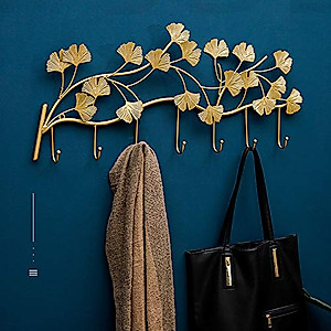 JWZQ Coat Hooks for Wall Mounted, 1x Iron Hook Coat Rack, Ginkgo Biloba Gold Coat Hooks, for Clothes, Hats, Robes, Purse, Towels, 5/7 Hook