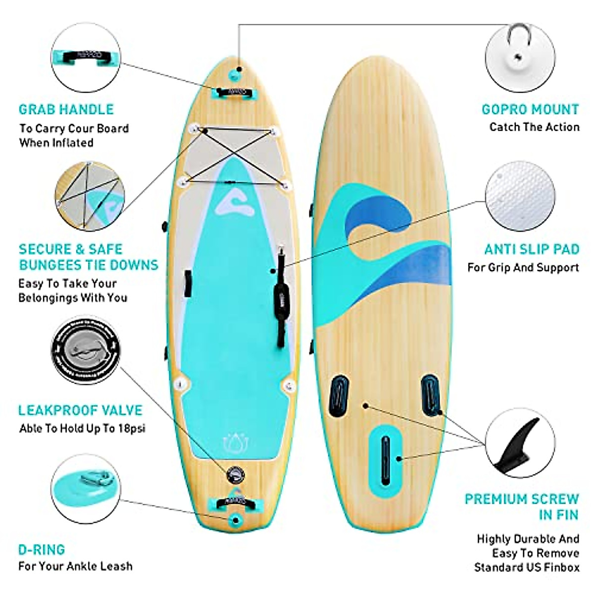 Abrazo Namaste Yoga Inflatable Stand Up Paddle Board for Adults - with Non-Slip Yoga Mat Surface, Includes SUP Accessories: Paddle, Patch Repair Kit, Hand Pump, SUP Leash, and SUP Backpack